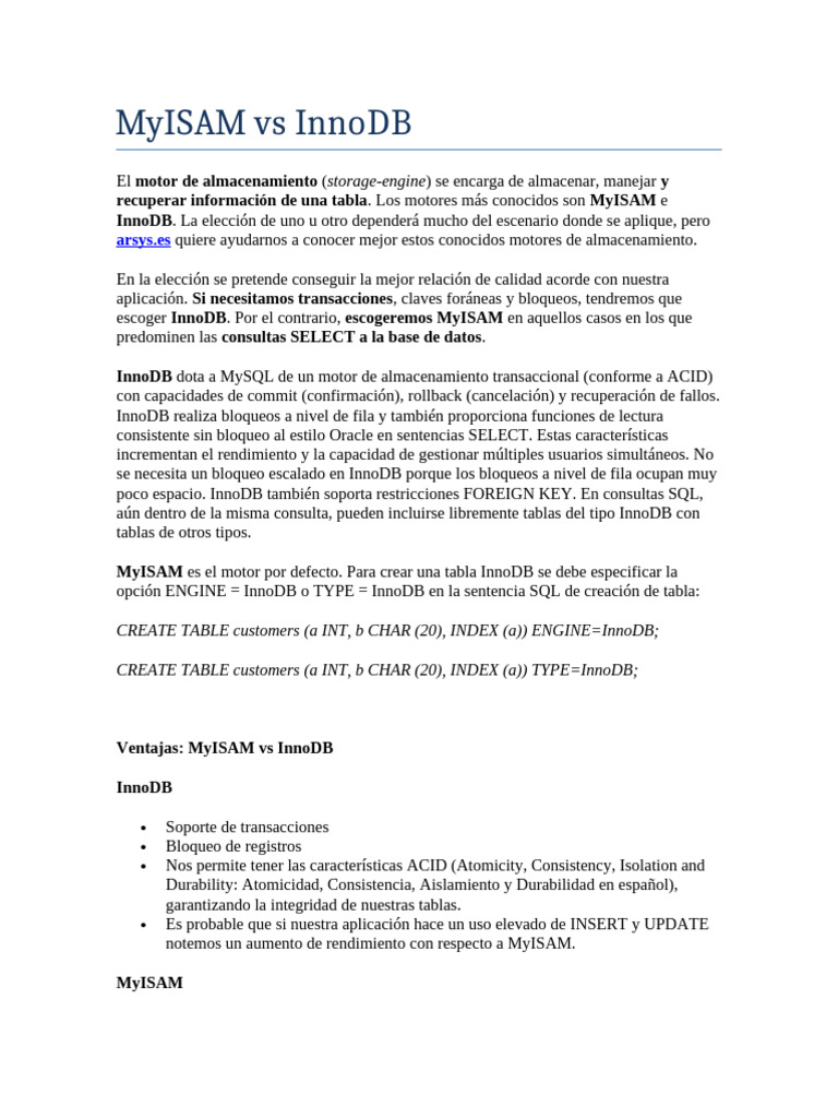 MyISAM Vs InnoDB | PDF | Datos de computadora | Recuperación de información