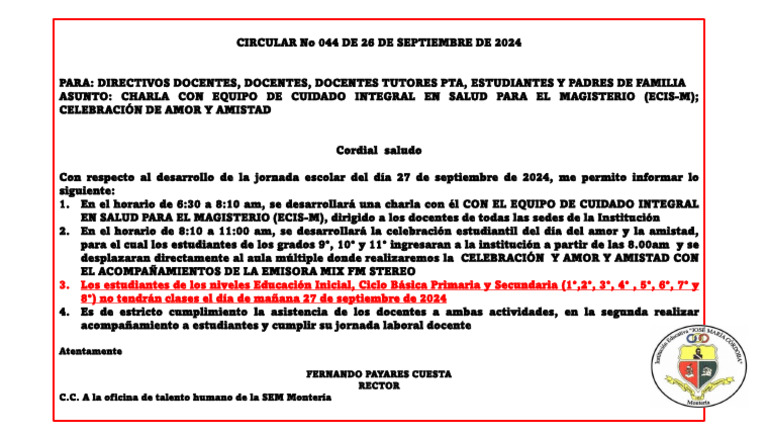 Circular No 044 de 2024 - Charla ECIS-M | PDF | Salud y bienestar