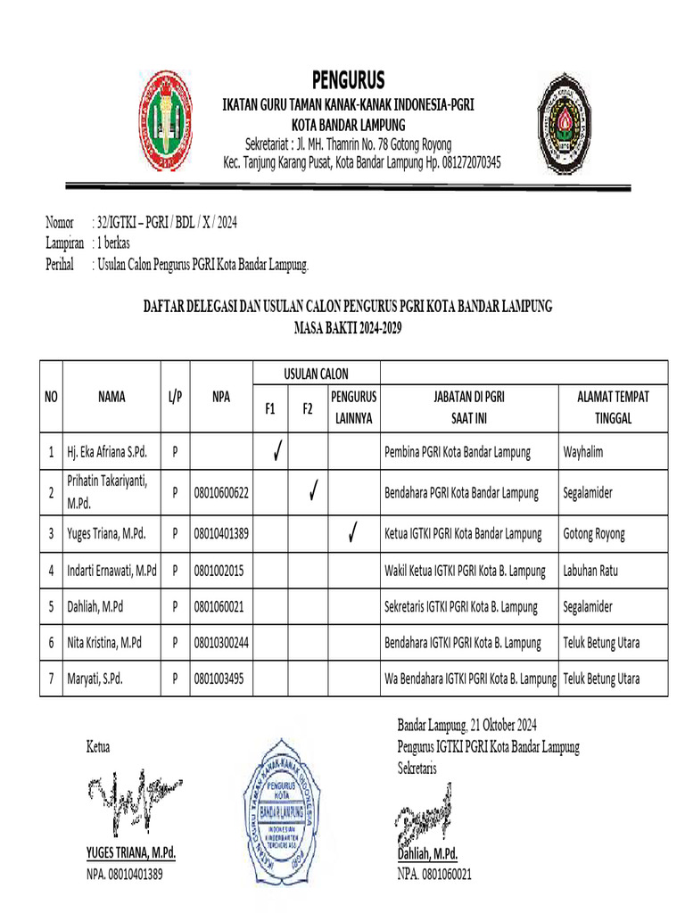 FORMAT Usulan Calon Pengurus PGRI BDL Fix-1 | PDF