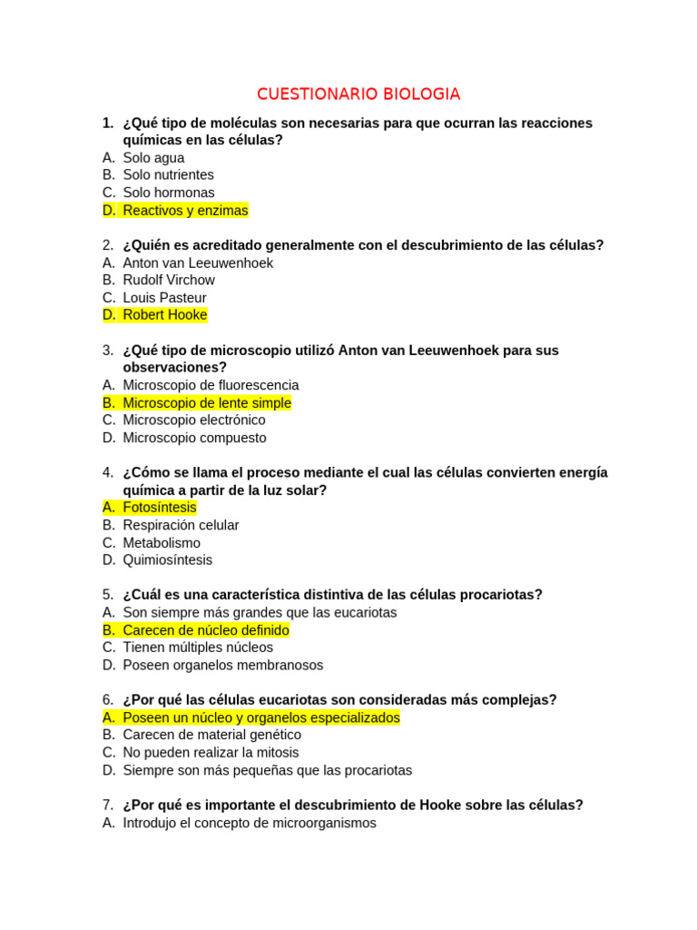 Cuestionario Biologia | PDF | Biología Celular) | Membrana celular