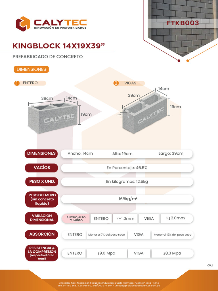 Ficha Tecnica King Block 14X19X39 | PDF | Materiales | Componentes