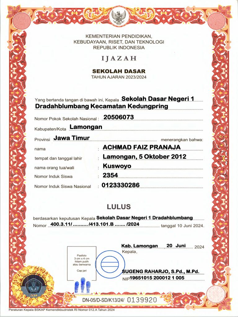 Contoh Penulisan Ijazah SD 2024 | PDF