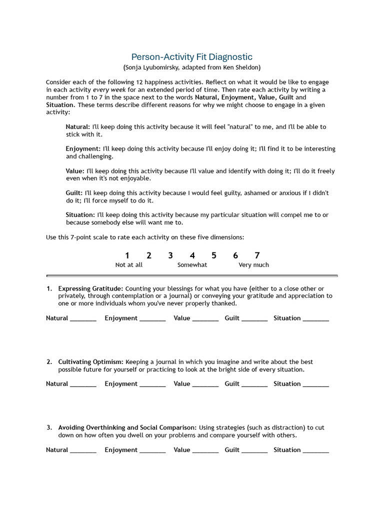 Person Activity Fit Diagnostic | PDF | Happiness | Guilt (Emotion)