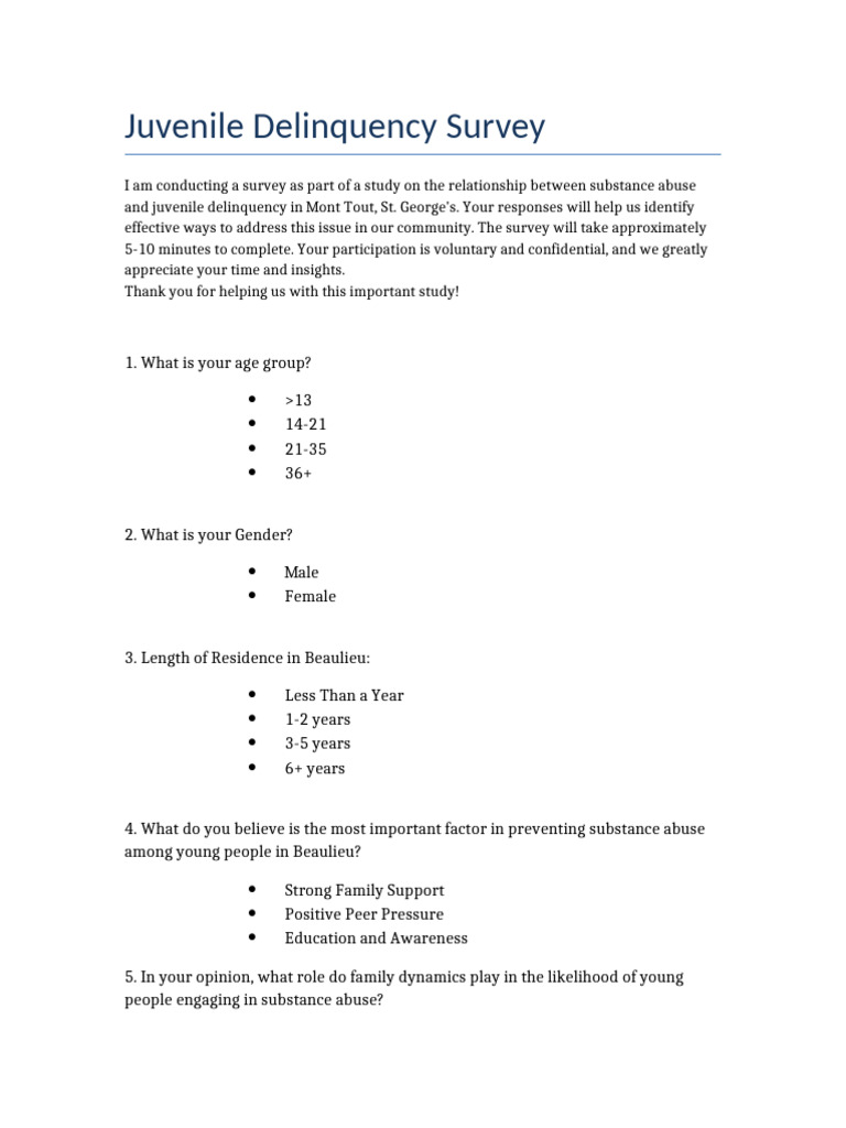 Juvenile Delinquency and Substance Abuse Survey | PDF | Juvenile ...