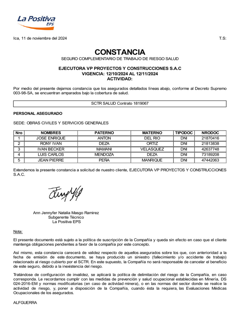 Constancia SCTR Octubre VP Proyectos | PDF