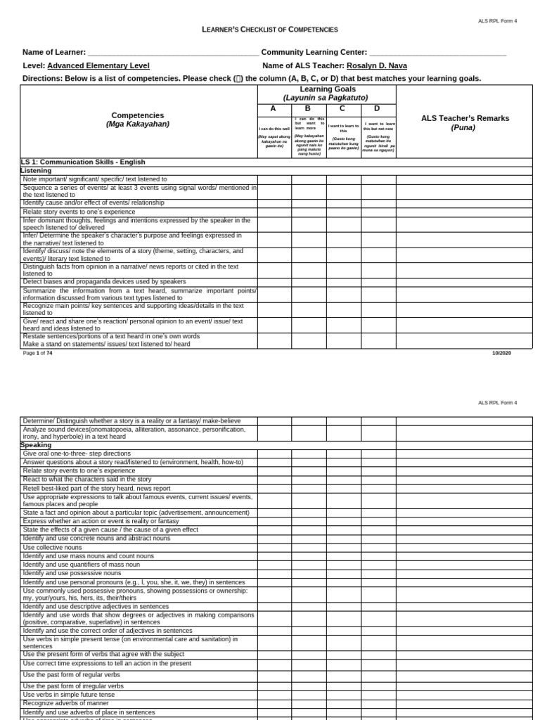 RPL Form 4 - AEL Learner's Checklist of Competencies | PDF | Verb | Adverb