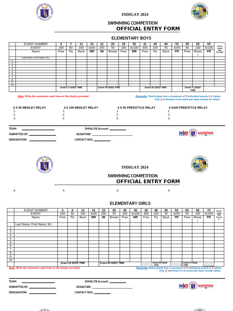 Official Entry Form INDIGAY 2024 SWIMMING | PDF | Swimming (Sport) | Racing