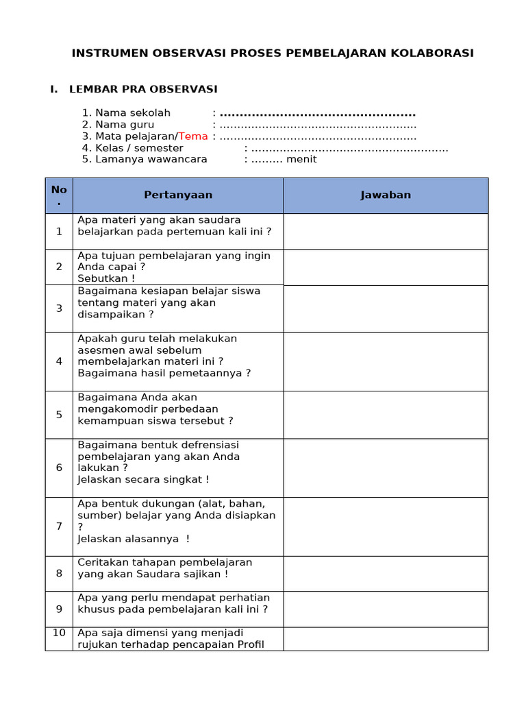 Instrumen Observasi Kolaborasi 2024 | PDF