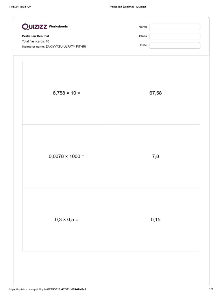 Perkalian Desimal Worksheets | PDF