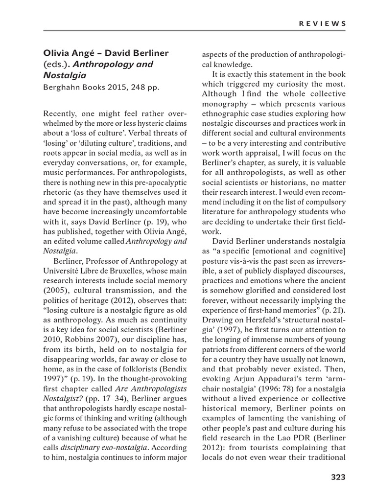 Olivia Ange - David Berliner Eds Anthropology and | PDF | Anthropology | Nostalgia