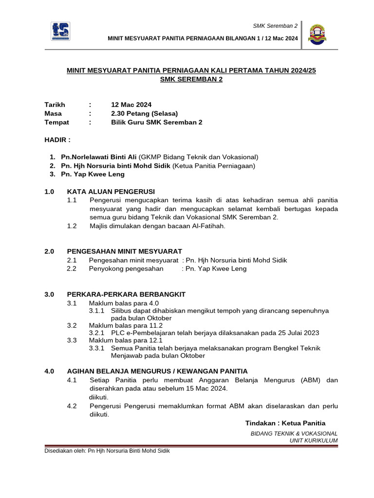 Minit Mesyuarat Kali Pertama Perniagaan 2024 | PDF