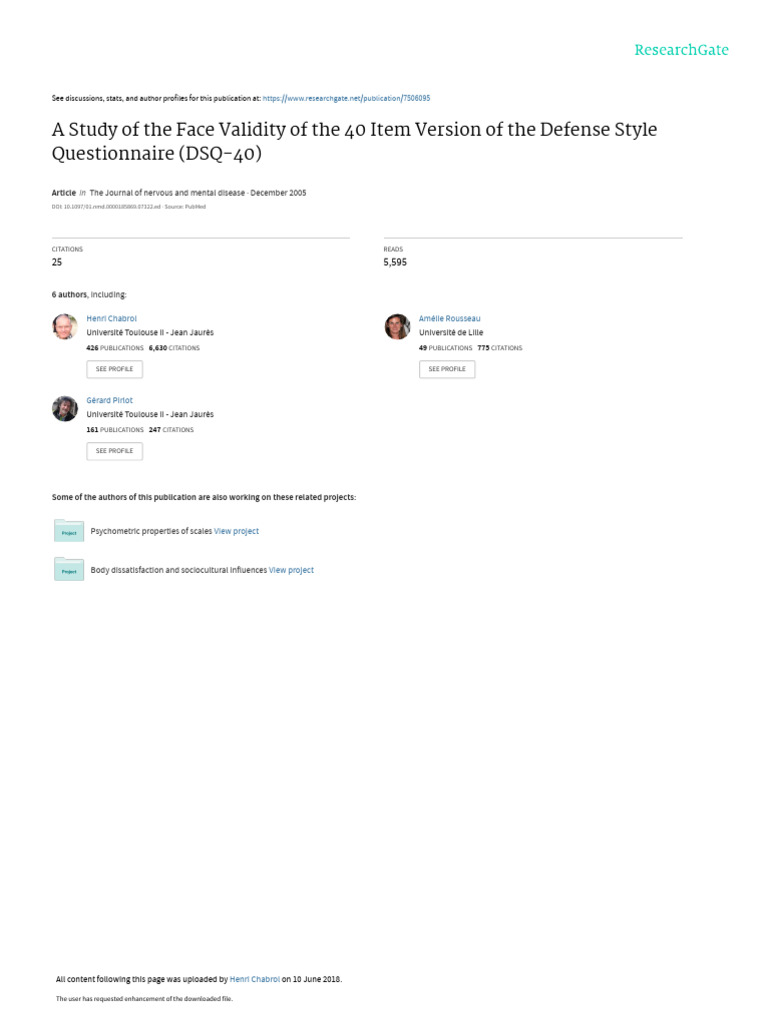 A Study of The Face-Validity of The 40 Item Version of The Defense Style Questionnaire (DSQ-40 ...