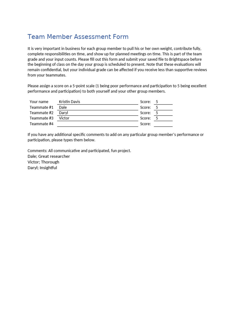 Team Member Assessment (f2f) | PDF | Business