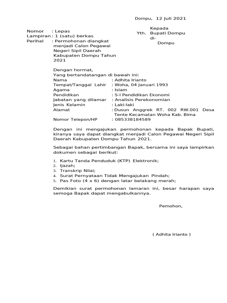 Surat Cpns Dompu Adit | PDF