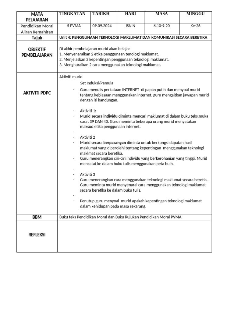 Rancangan Pengajaran Harian Tingkatan 5 Pvma m26 | PDF