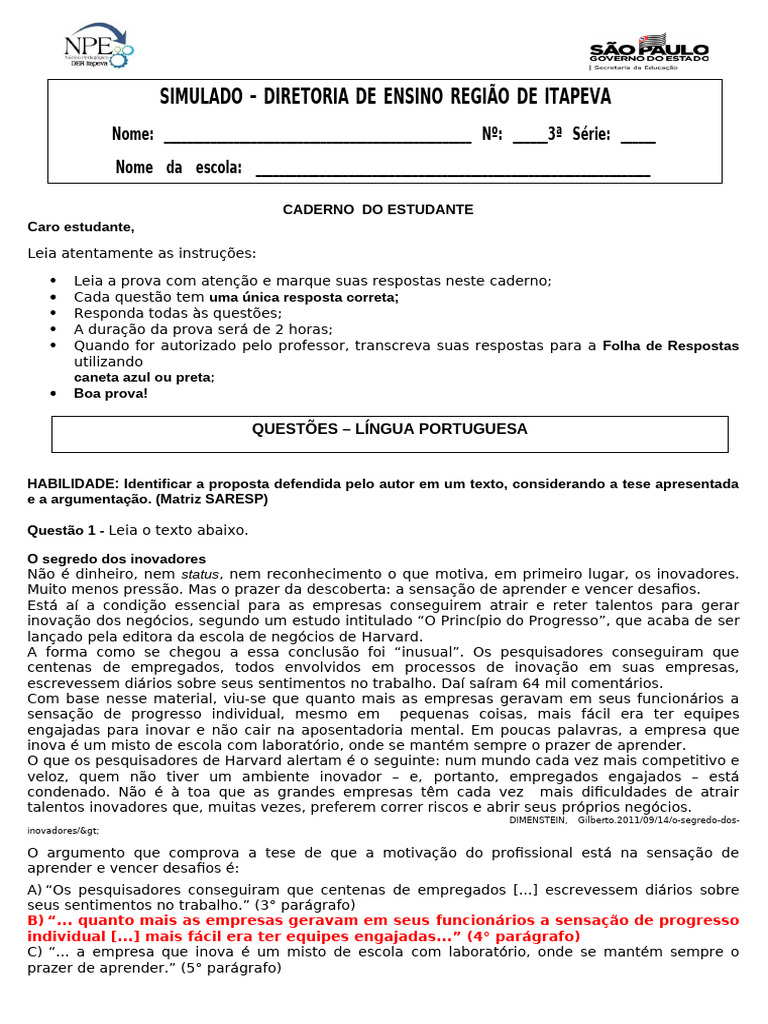 Simulado LP 3 Série - Professor | PDF | Amizade | Aprendizado