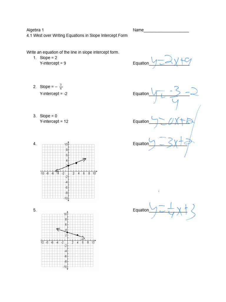 4.1 WKST 1 Writing Equations of Lines in Slope Intercept Form | PDF ...