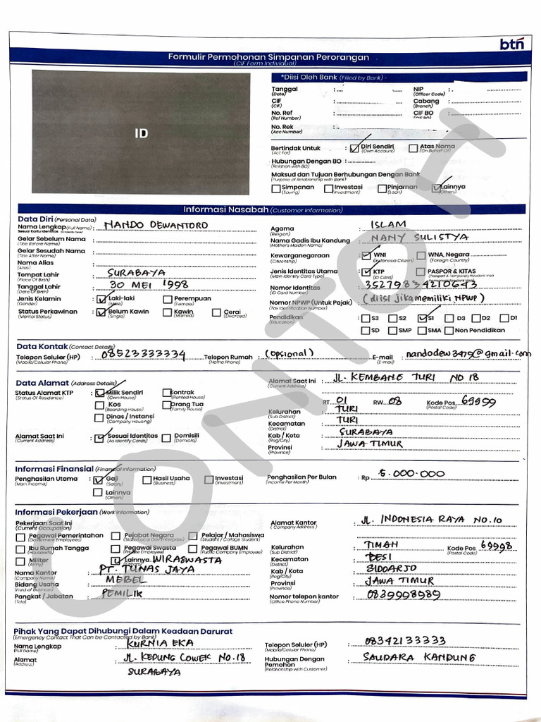 Contoh Pengisian Form Cif NPWP Dan Riplay | PDF