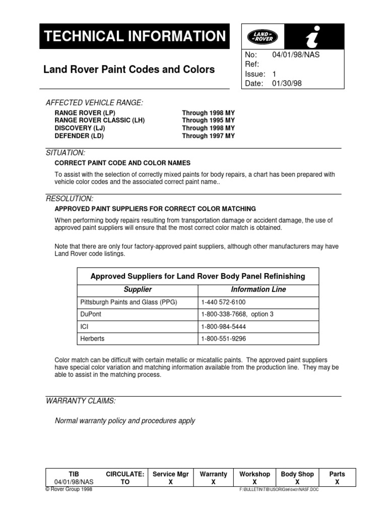 Land Rover Paint Codes and Colors | PDF | Motor Vehicle