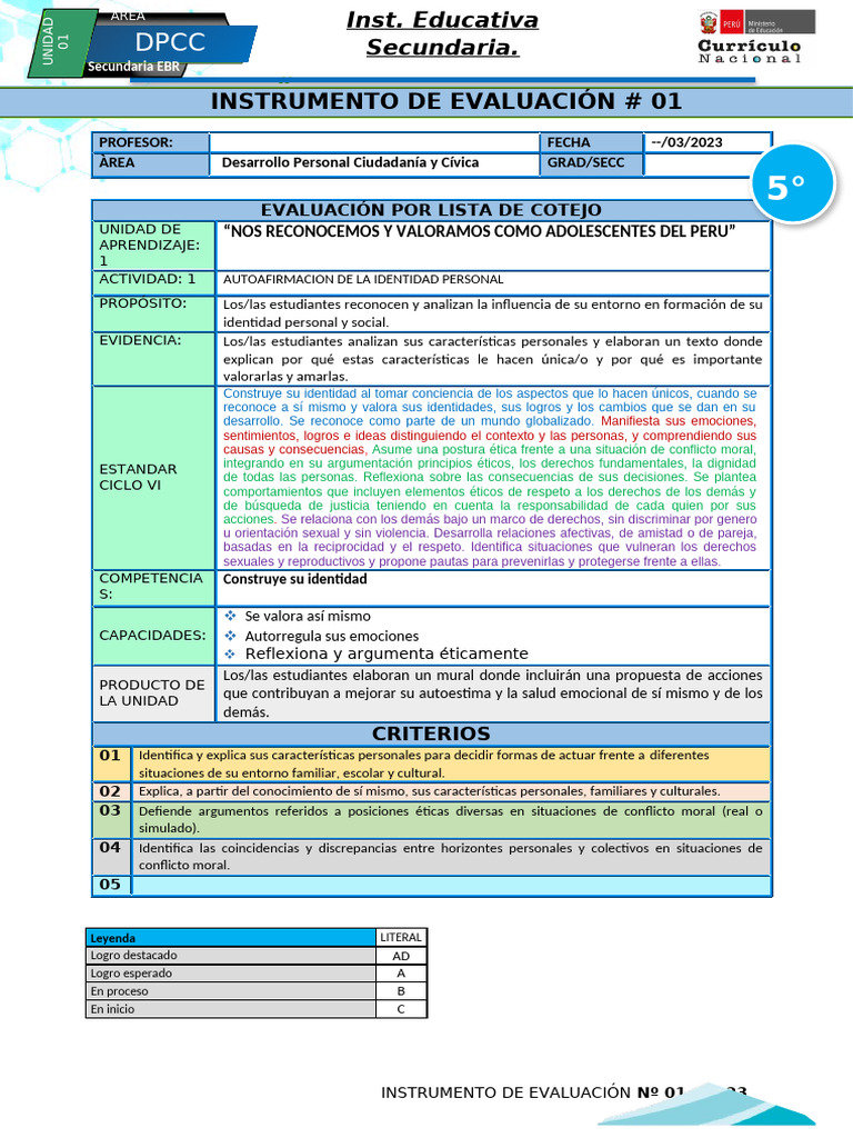 5º DPCC - LC Act.1 Uni 1 Sem 01 - 2023 | PDF | Moralidad | Evaluación
