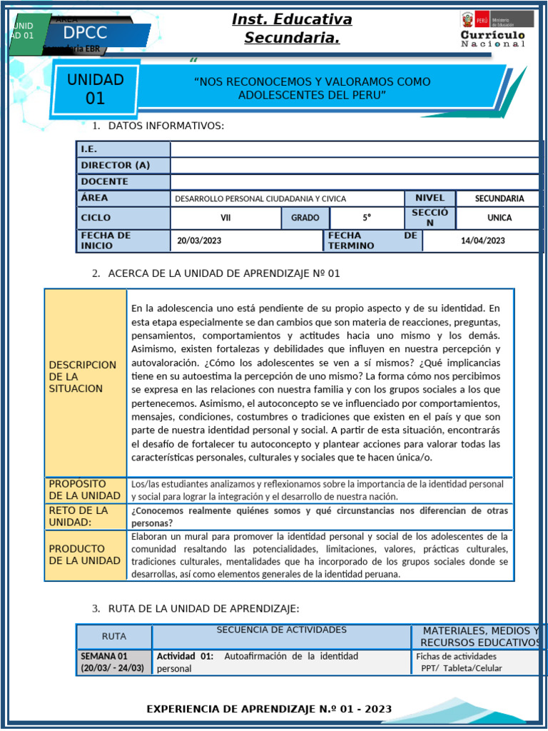 5º DPCC - Und.1 2023 | PDF | Aprendizaje | Moralidad