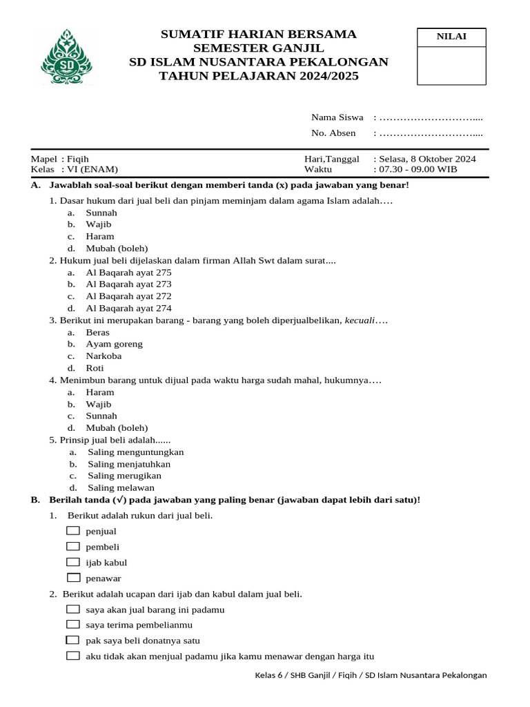 Sumatif Harian Bersama Fiqih 6 | PDF
