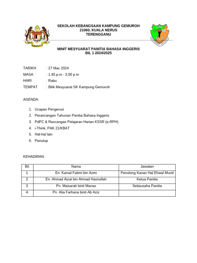 Minit Mesyuarat Panitia BI Bil 1 2024 | PDF