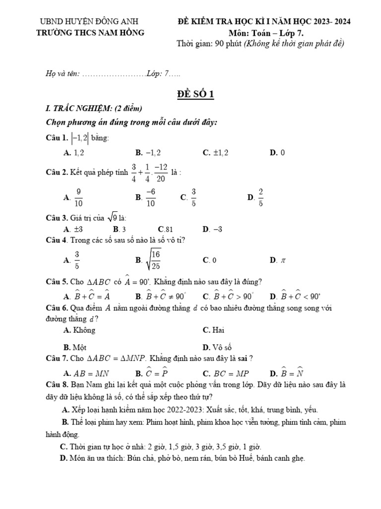 De Hoc Ki 1 Toan 7 Nam 2023 2024 Truong Thcs Nam Hong Ha Noi | PDF