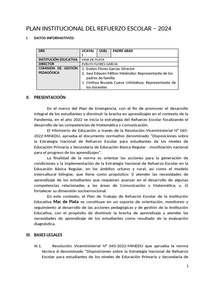 Plan Institucional Del Refuerzo Escolar - 2024 - Mar de Plata | PDF | Evaluación | Educación ...