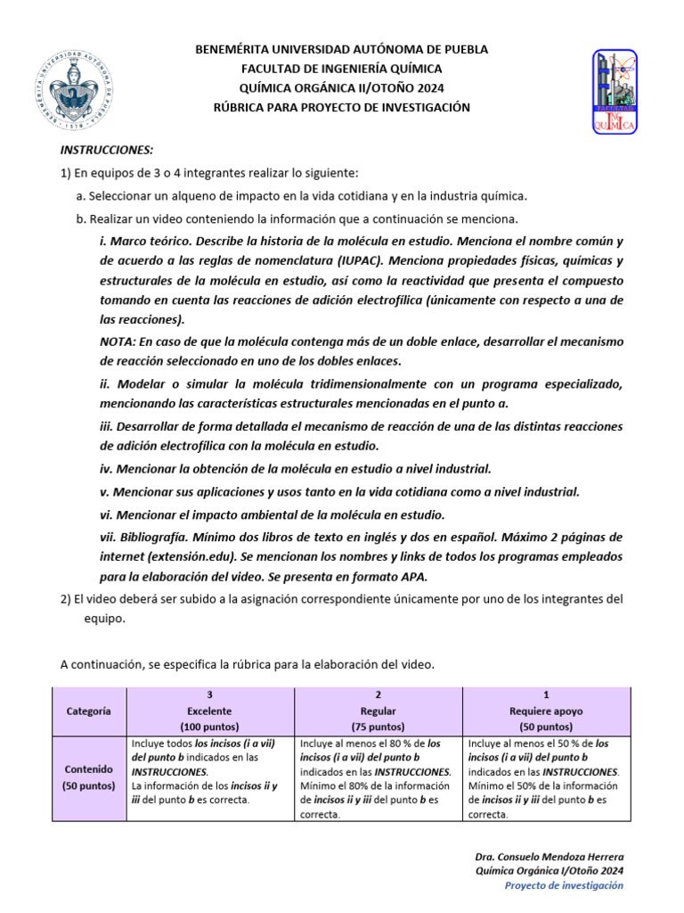 Rubric Video Alkene QOII Aut24 g1 | PDF | Moléculas | Química