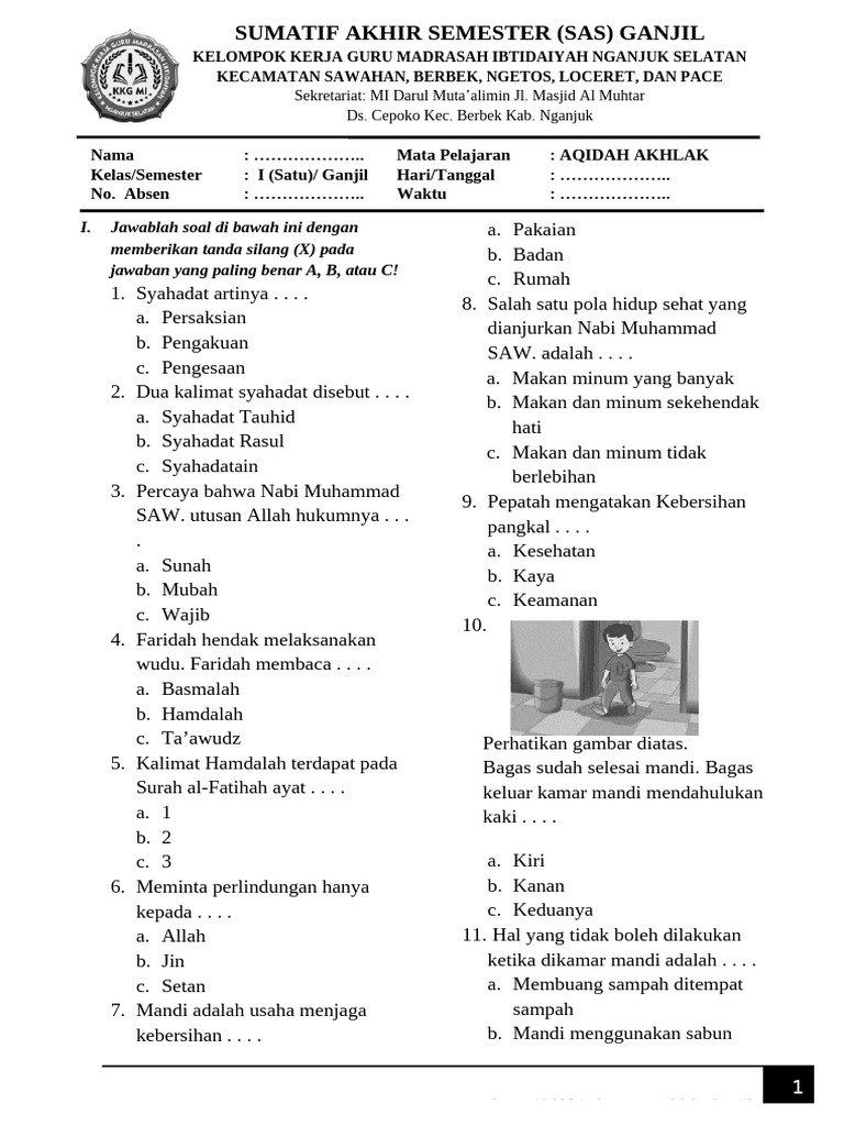 Soal Sas Ganjil Akidah Akhlak Kelas 1 - 2024 | PDF