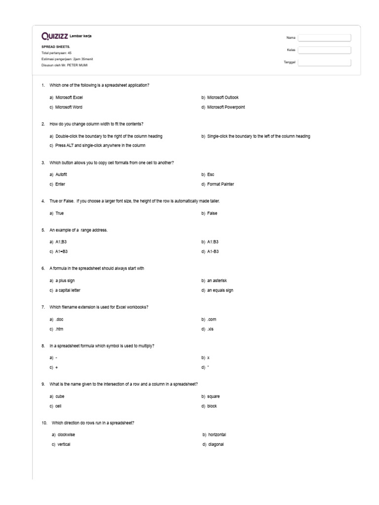 SPREAD SHEETS. _ Quizizz (1) | PDF | Microsoft Excel | Spreadsheet