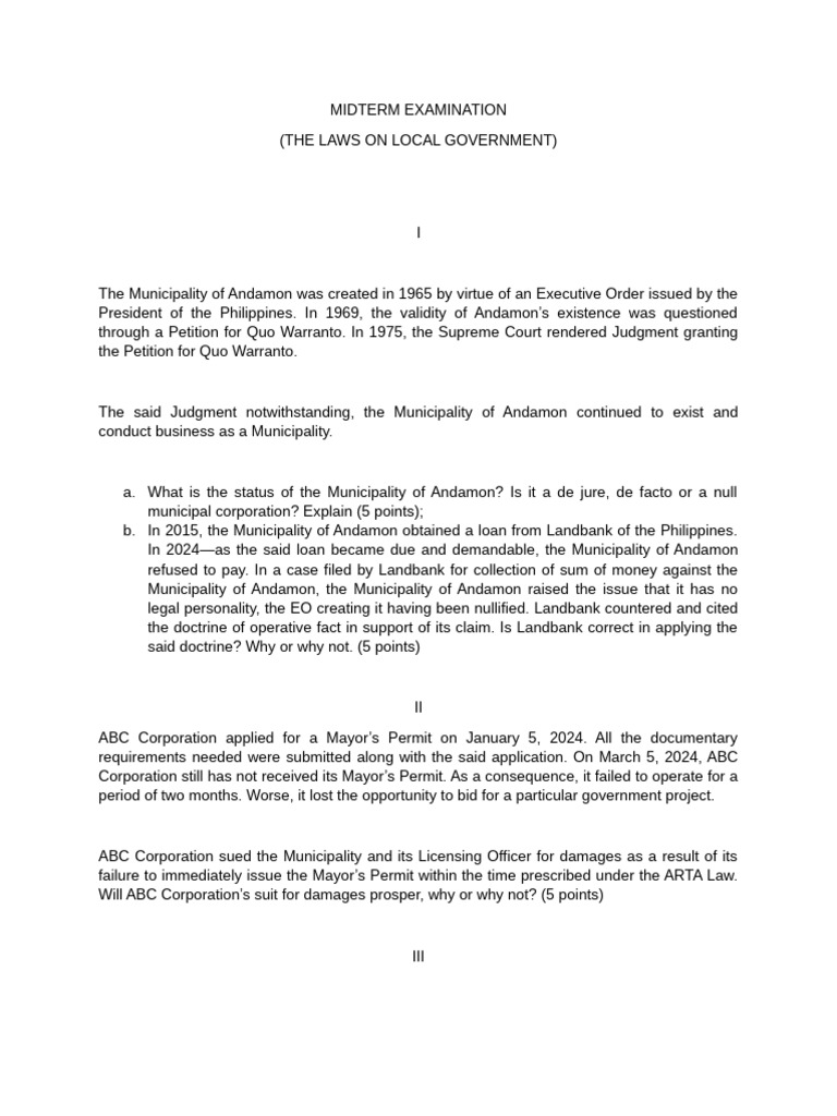 Local Government Law Midterm Exam | PDF | Justice | Crime & Violence