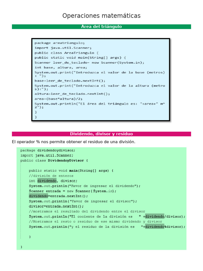 Area Del Triángulo y Otras Operaciones Matemáticas en Java | PDF