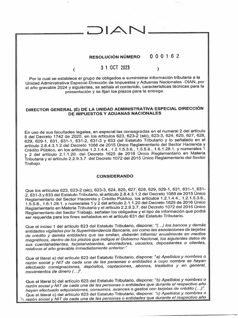 Exogena Nacional Resolución 000162 de 31-10-2023 | PDF