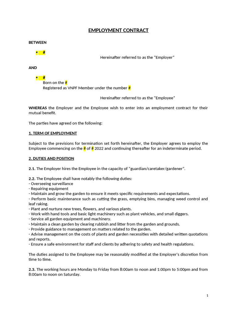 Gardener Employment Contract Template | PDF | Employment | Salary