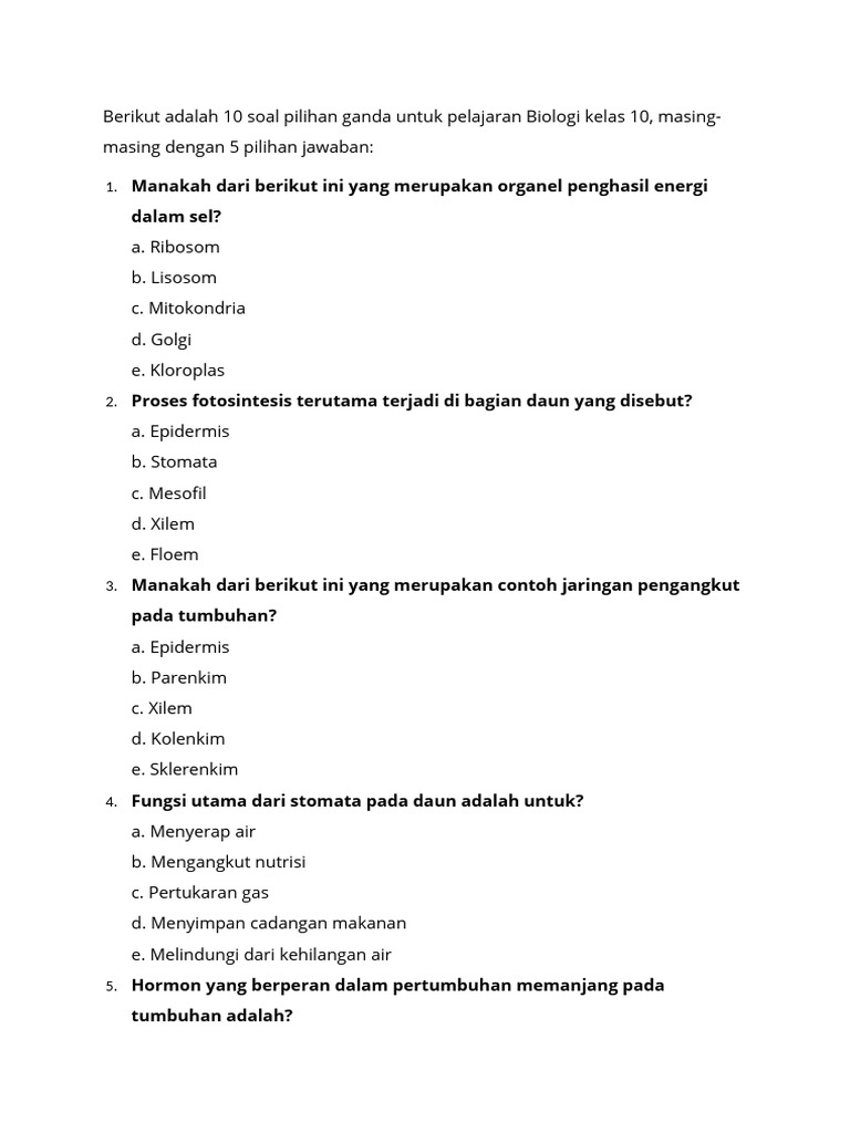 Berikut Adalah Contoh Soal Ulangan Kelas 10 Tentang Ruang Lingkup Biologi Yang Terdiri Dari 15 ...