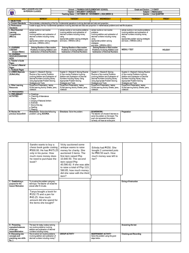 DLL MATH (MELCs) W3 | PDF | Learning