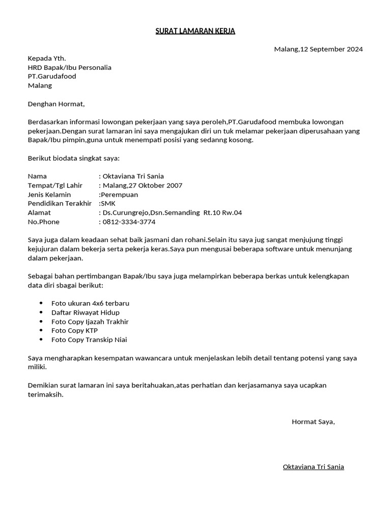 Surat Lamaran Kerja Sania | PDF