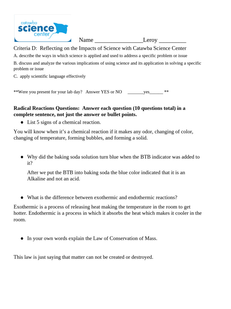 Leroy Wang - Catawba Science Center Outreach Criteria D Reflection ...