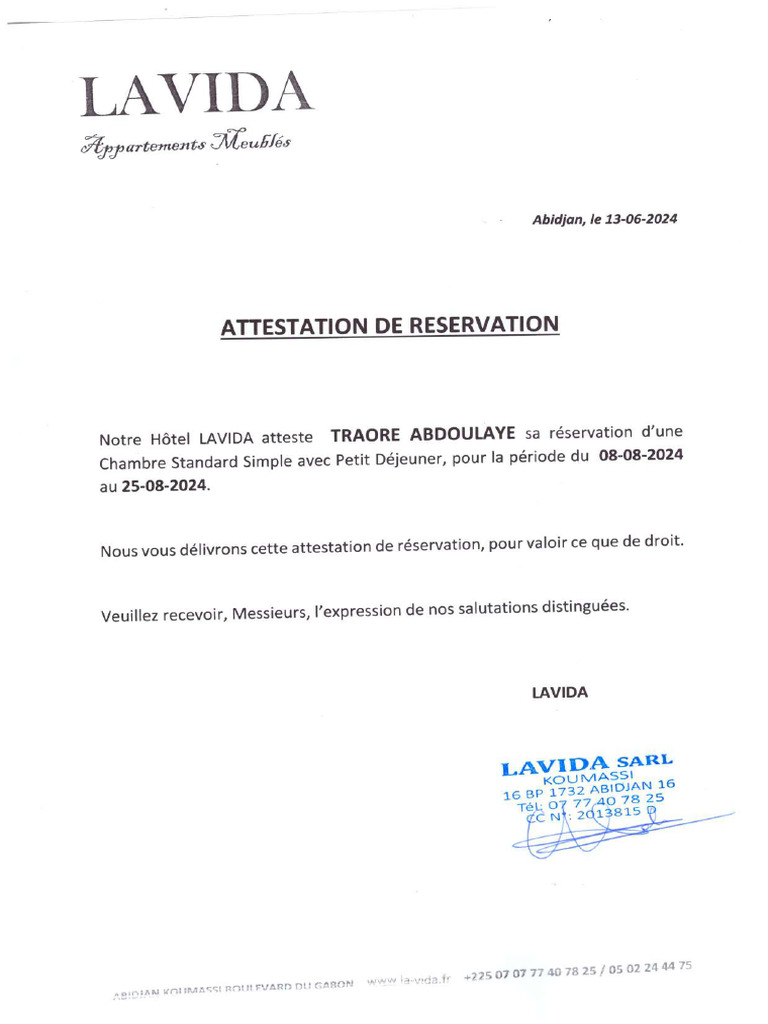 ATTESTATION DE RÉSERVATION M ABDOULAYE | PDF ATTESTATION DE RÉSERVATION M ABDOULAYE | PDF