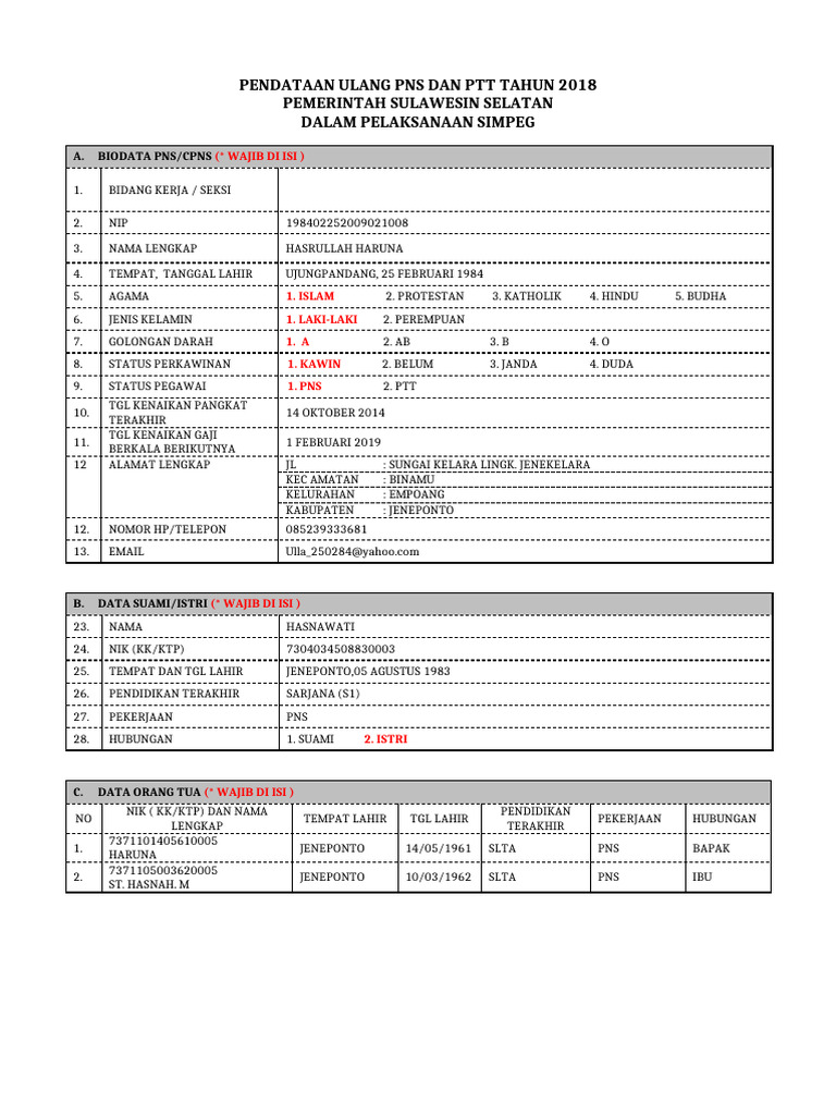 Form Pendataan Ulang PNS | PDF