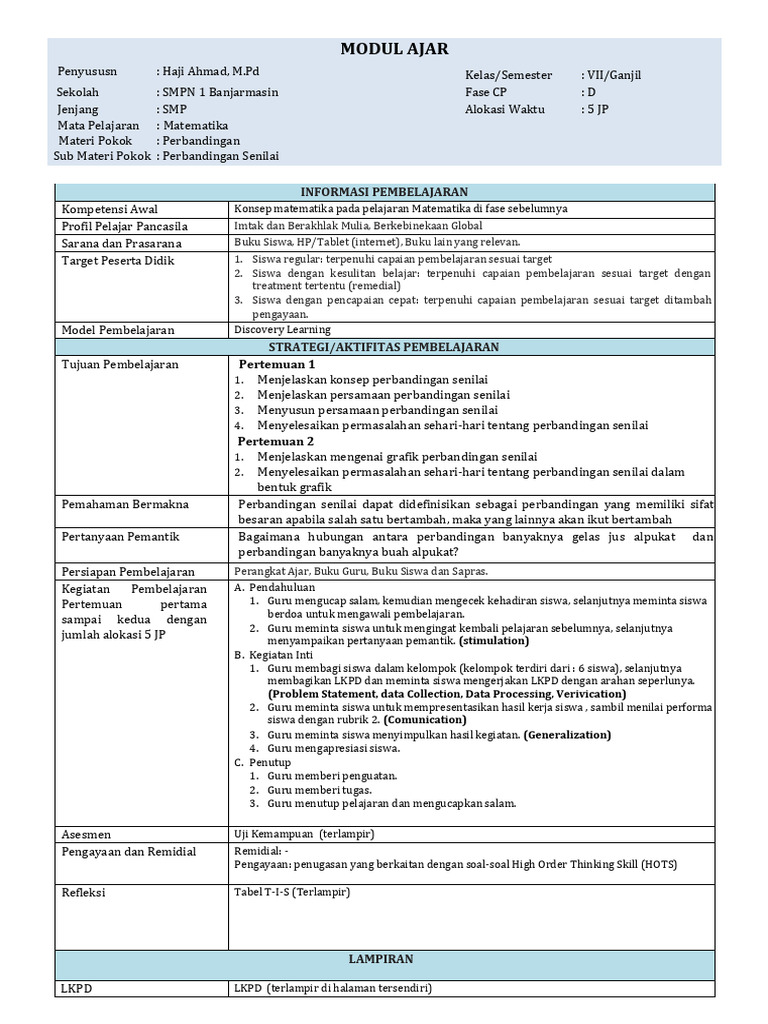 Modul Ajar Perbandingan Senilai. | PDF