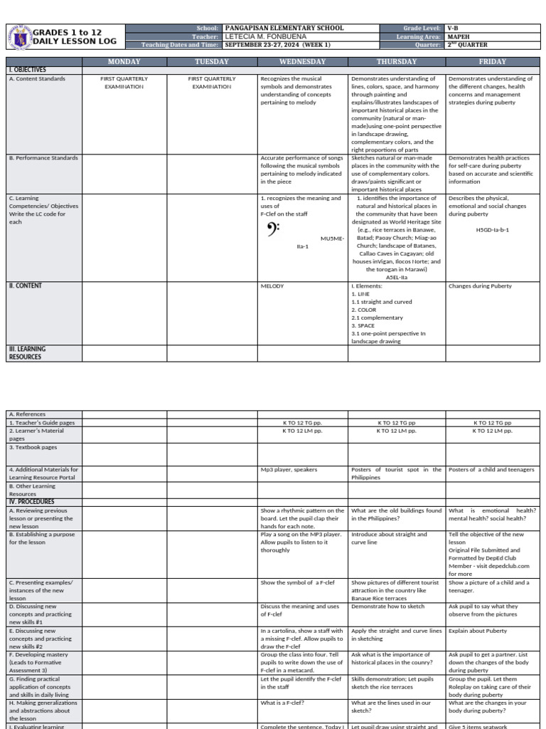 DLL - Mapeh 5 - Q2 - W1 | PDF | Learning | Teachers