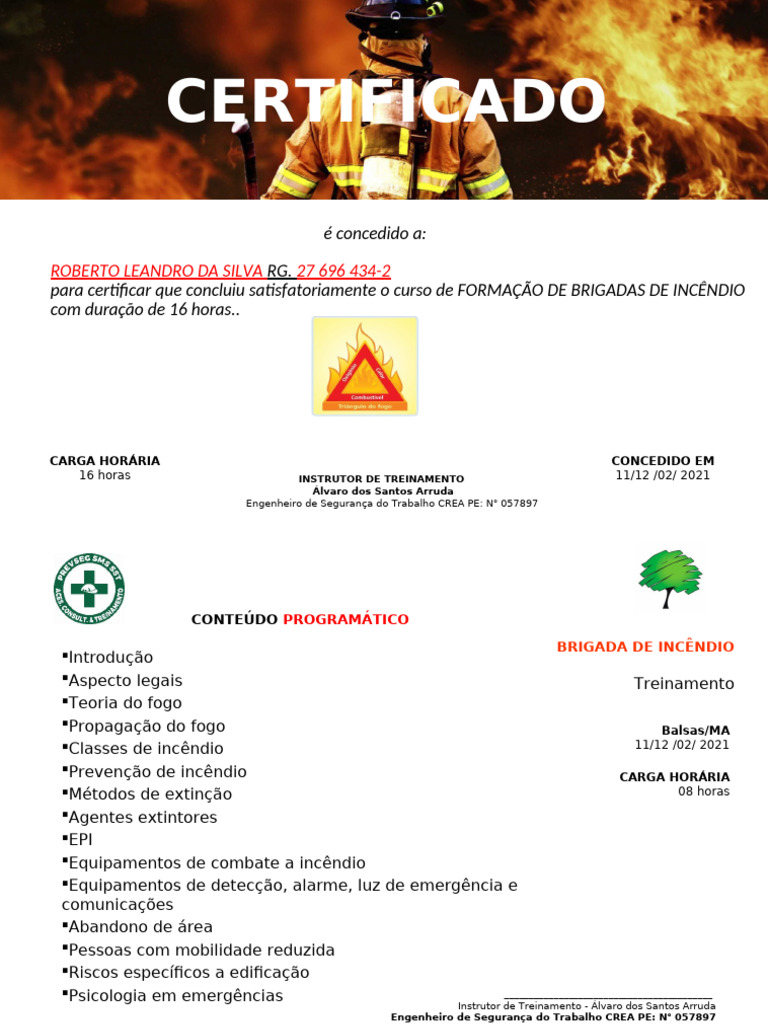 Certificado Brigada de Incêndio | PDF