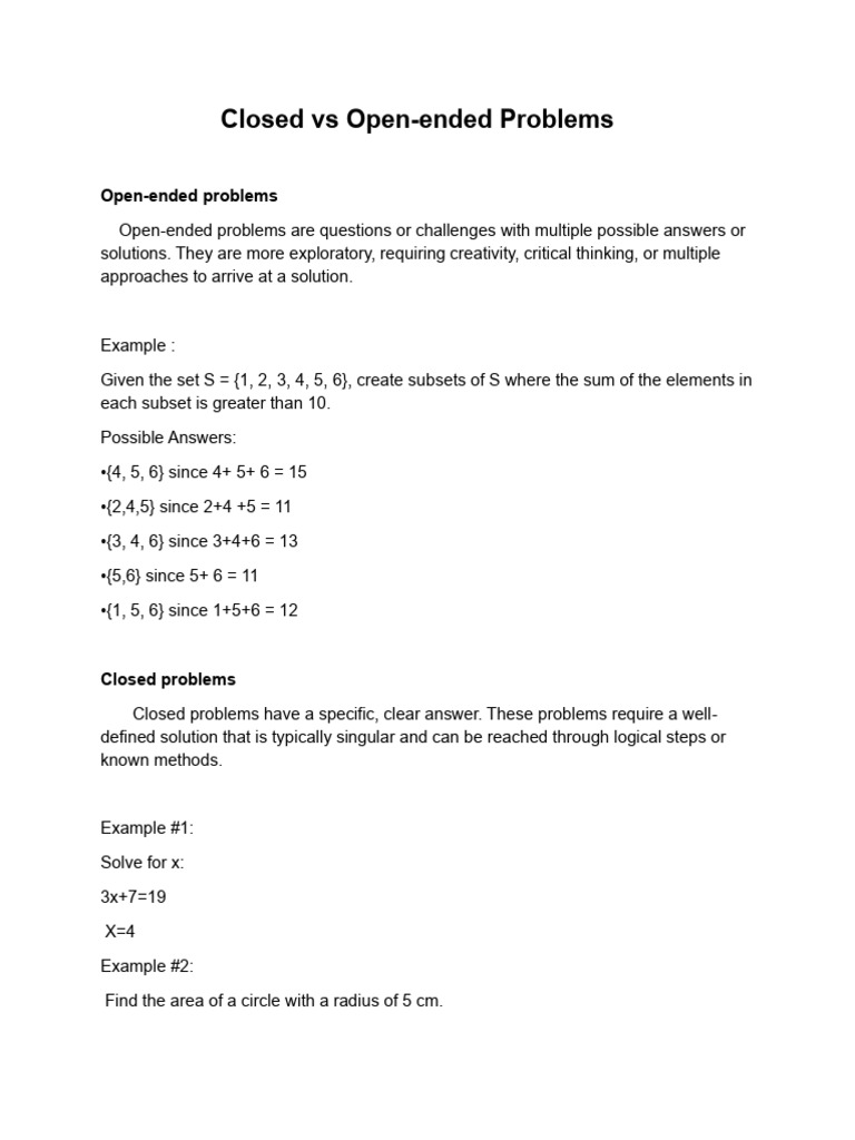 Closed Vs Open Ended Problems | PDF
