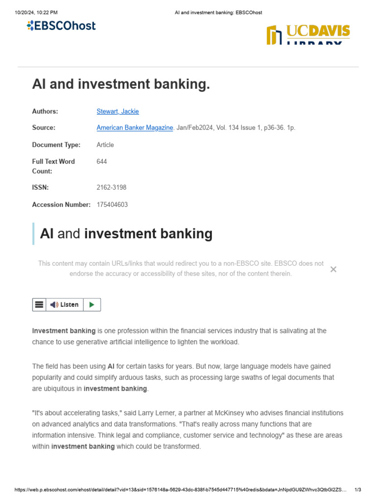 AI and Investment Banking - EBSCOhost | PDF | Artificial Intelligence | Intelligence (AI ...