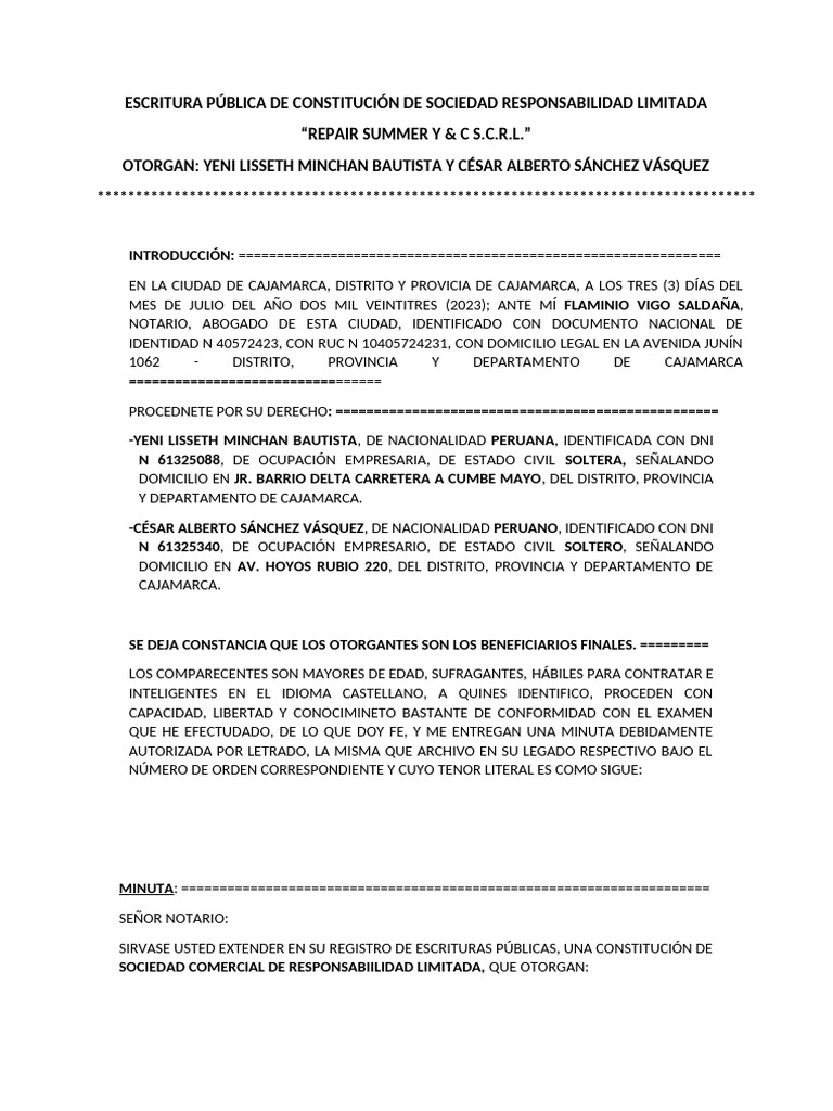 Escritura Pública de Constitución de Sociedad Anonima | PDF | Finanzas y dinero