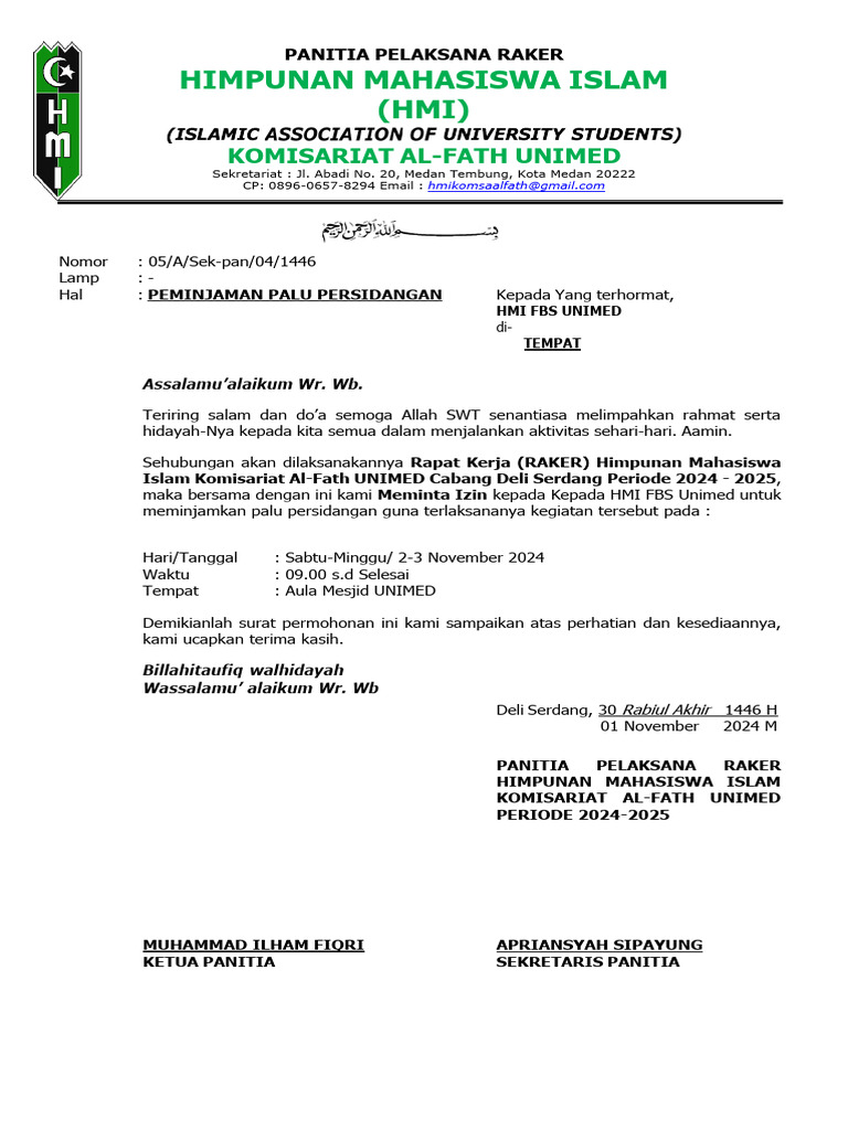 Surat Palu FBS Unimed | PDF