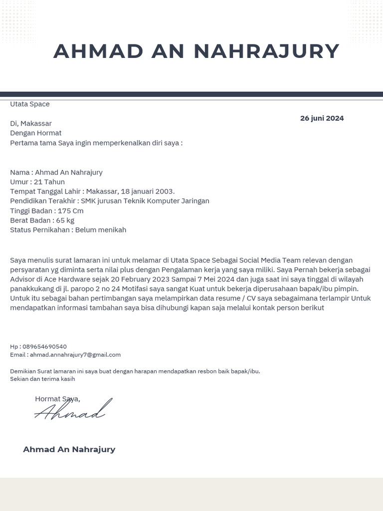 Surat Lamaran Kerja Utata Space PDF | PDF | Karier & Perkembangan